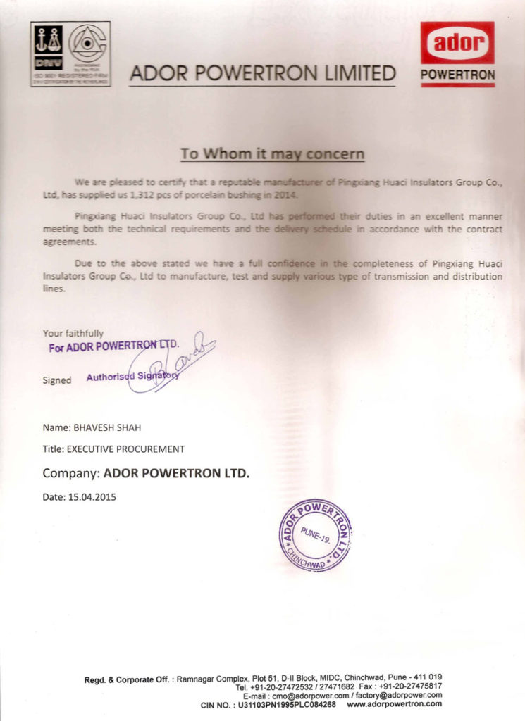 Reference - Pingxiang Huaci Insulators Group Co., Ltd.